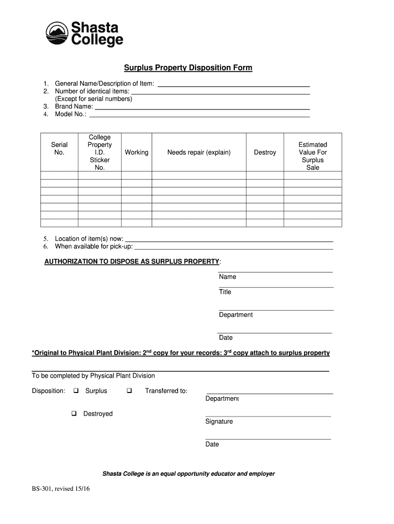 Fillable Online Surplus Property Disposition Form - Shasta College Fax ...