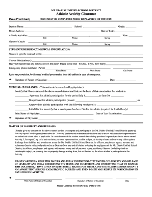 Fillable Online Athletic Activity Clearance Form PDF 2016 (new form ...