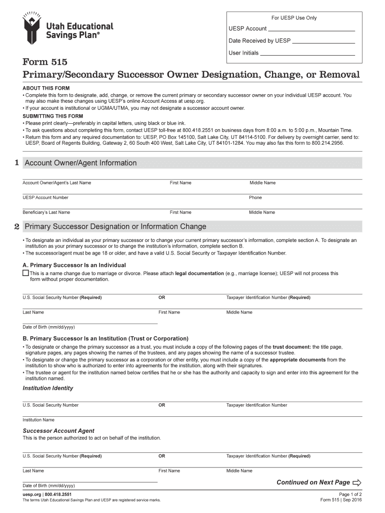 Fillable Online uesp Form 515 Primary/Secondary Successor Owner ...