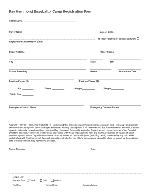 Fillable Online Ray Hammond Baseball / Camp Registration Form Fax Email Print - pdfFiller