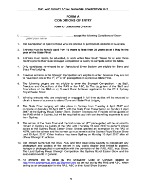 Fillable Online agshowsnsw org FORM A CONDITIONS OF ENTRY - agshowsnsw ...