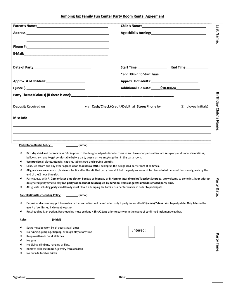 Fillable Online Jumping Jax Family Fun Center Party Room Rental ...