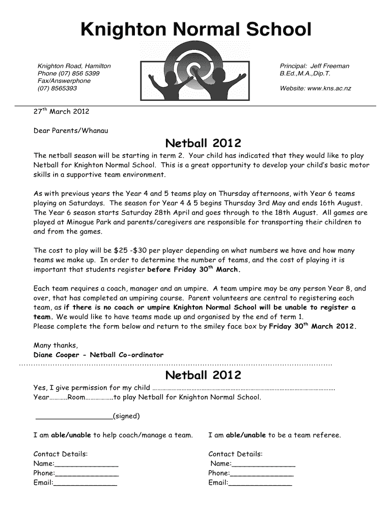Fillable Online kns ac Netball - Knighton Normal School - kns ac Fax ...