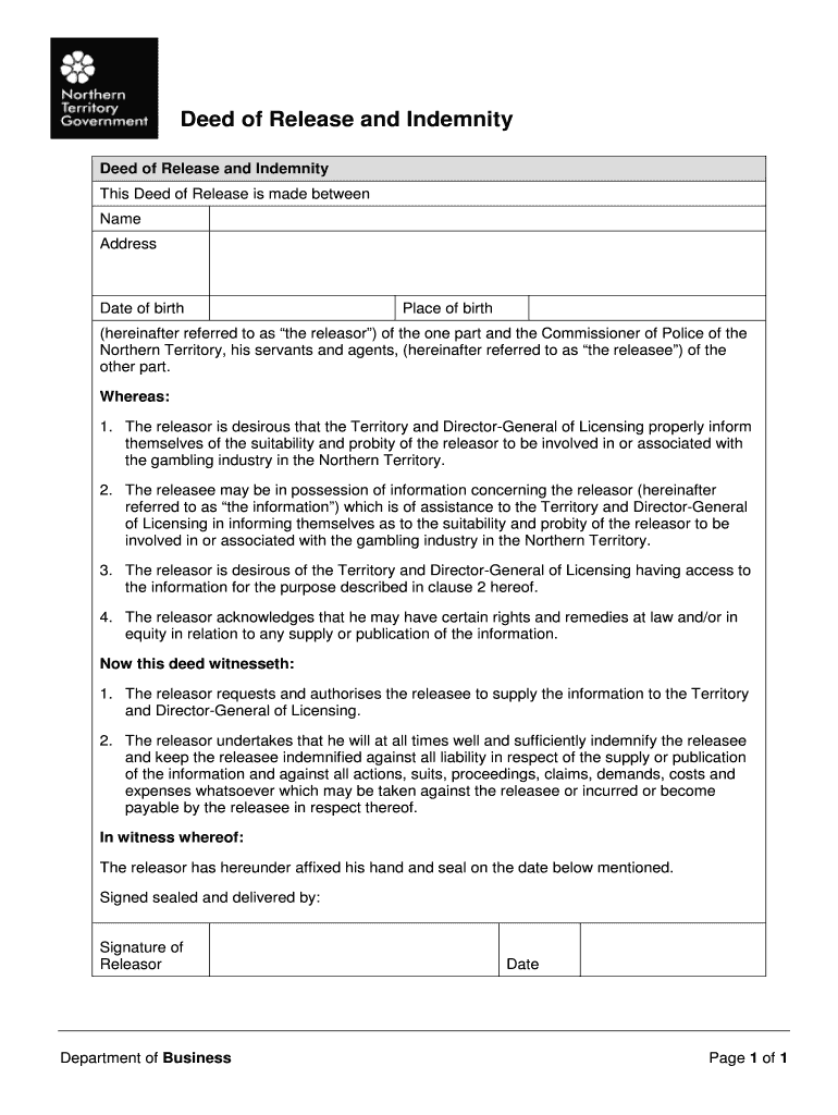 Fillable Online Deed of Release and Indemnity Fax Email Print - pdfFiller