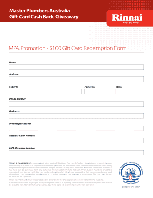 Fillable Online MPA Promotion - $100 Gift Card Redemption Form Fax ...