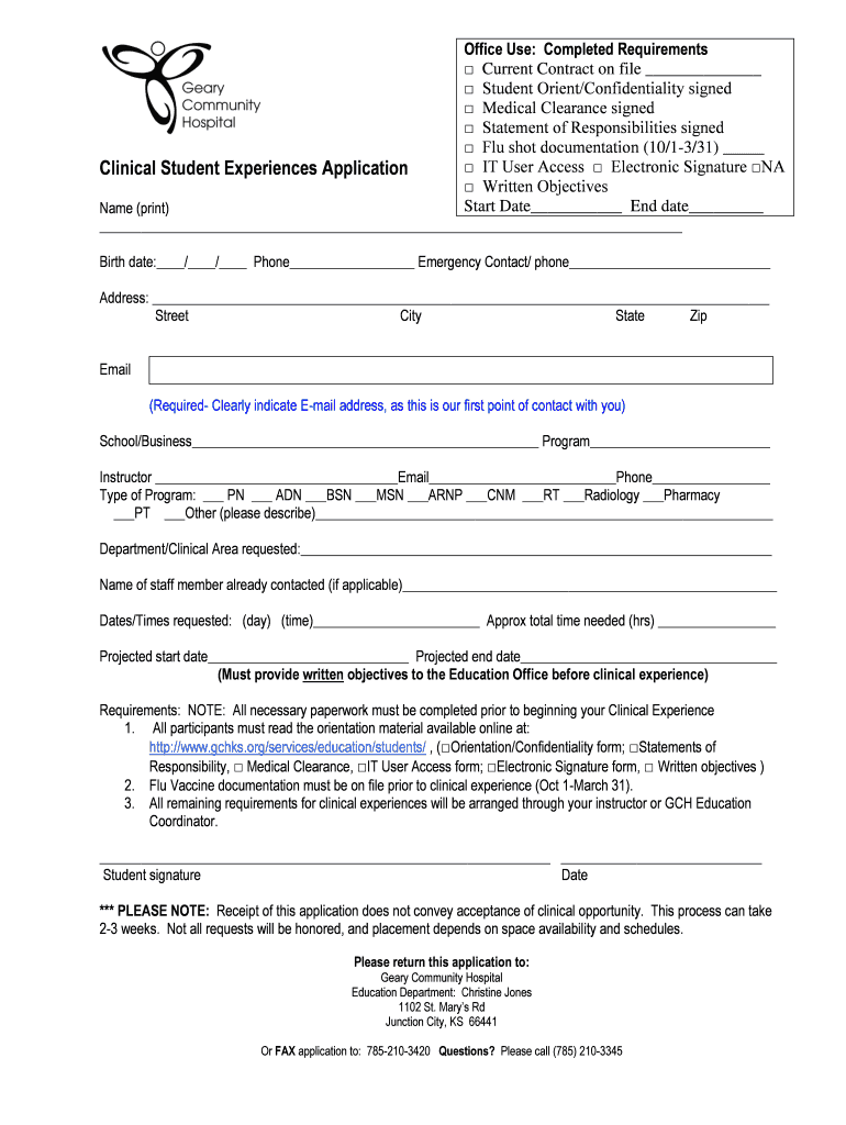 Fillable Online gchks Clinical Student Experiences Application - gchks Fax Email Print - pdfFiller