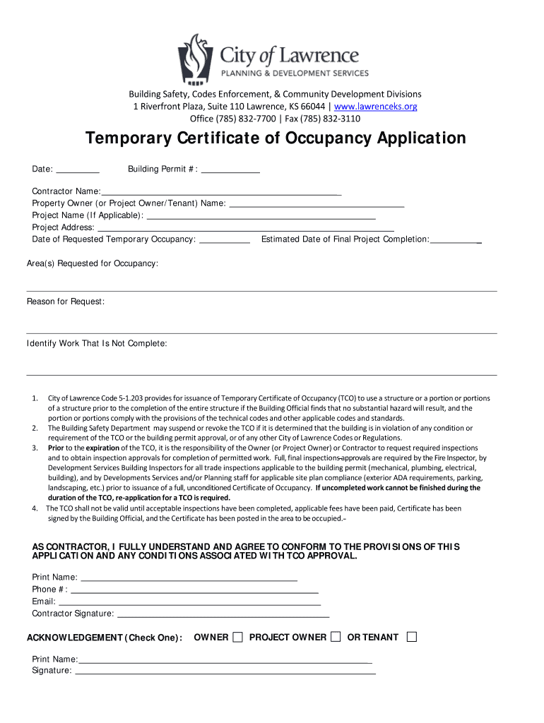 Fillable Online Temporary Certificate of Occupancy Application - City ...