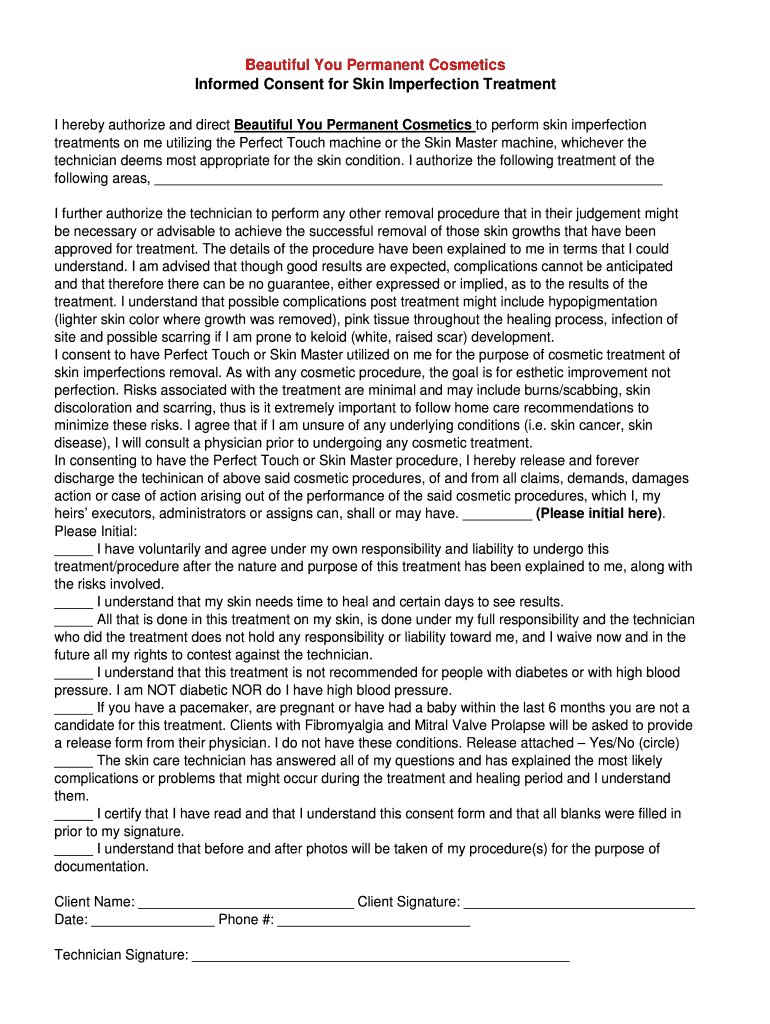Fillable Online Skin Imperfection Treatments Consent Form - Beautiful ...