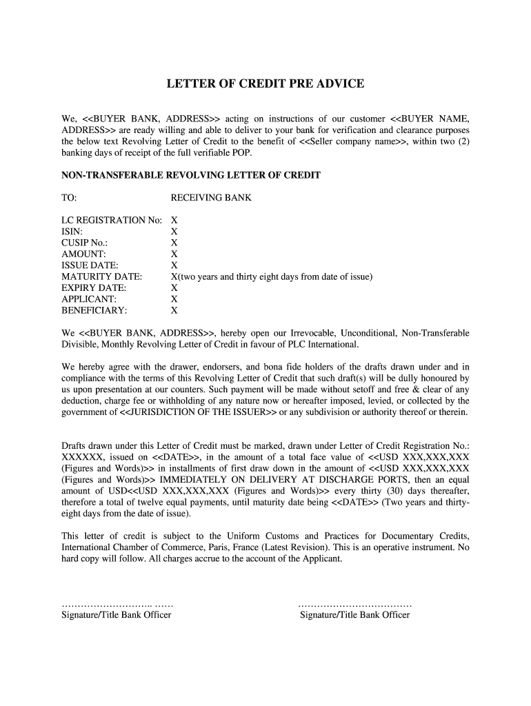 Fillable Online LETTER OF CREDIT PRE ADVICE Fax Email Print - pdfFiller