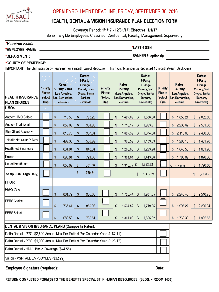 Fillable Online mtsac HEALTH, DENTAL & VISION INSURANCE PLAN ELECTION ...