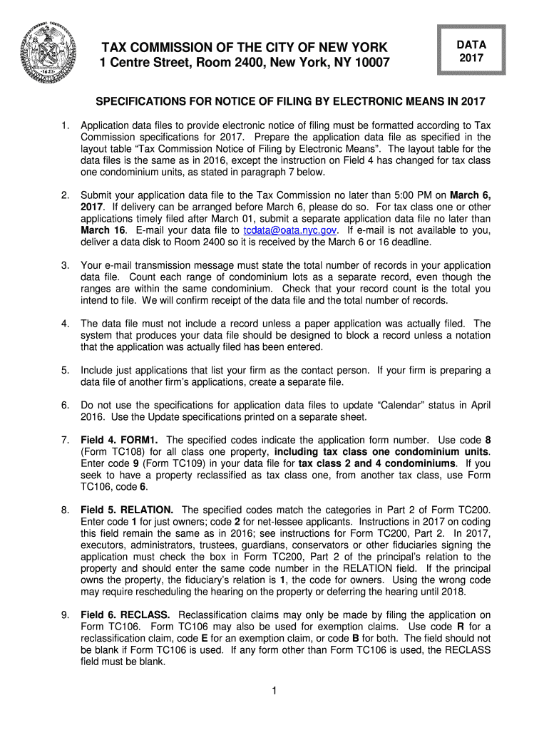 Fillable Online SPECIFICATIONS FOR NOTICE OF FILING BY ELECTRONIC MEANS ...