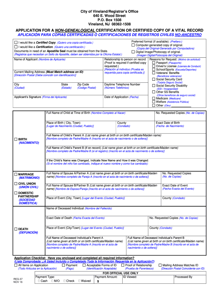 Fillable Online vldhealth REG-37, Application for Non-Genealogical ...