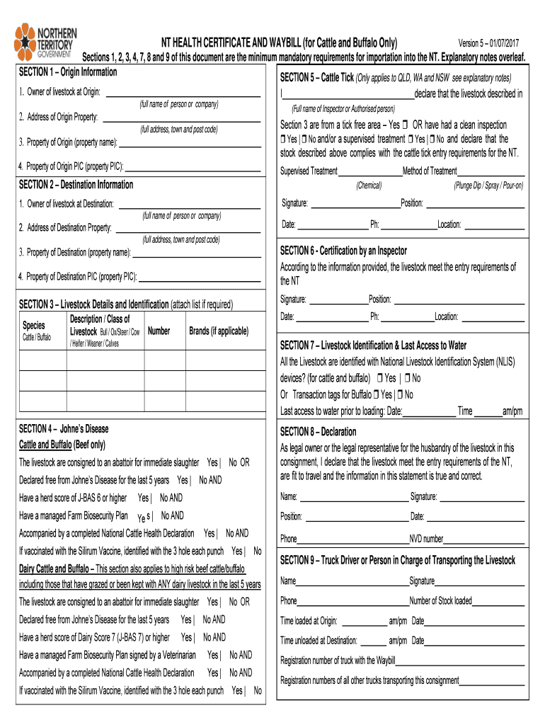 Fillable Online NT HEALTH CERTIFICATE AND WAYBIL Fax Email Print - pdfFiller