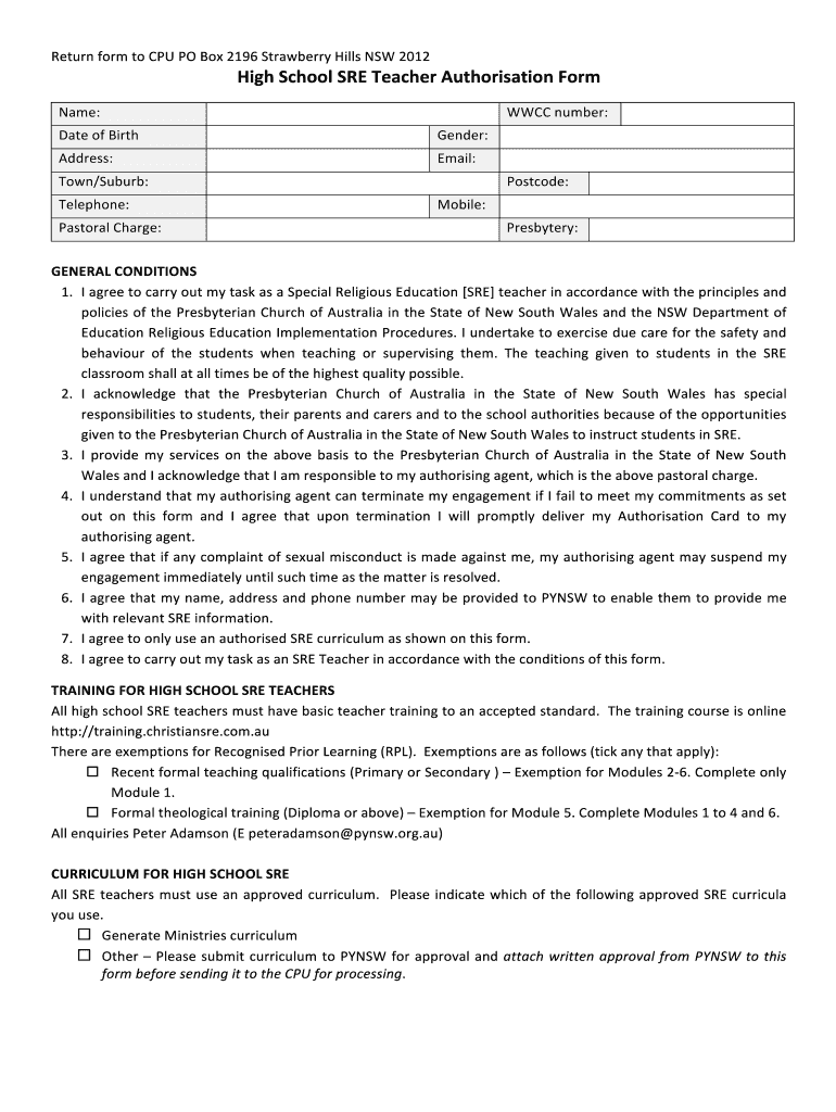 Fillable Online pynsw org High School SRE Teacher Authorisation Form.docx Fax Email Print ...