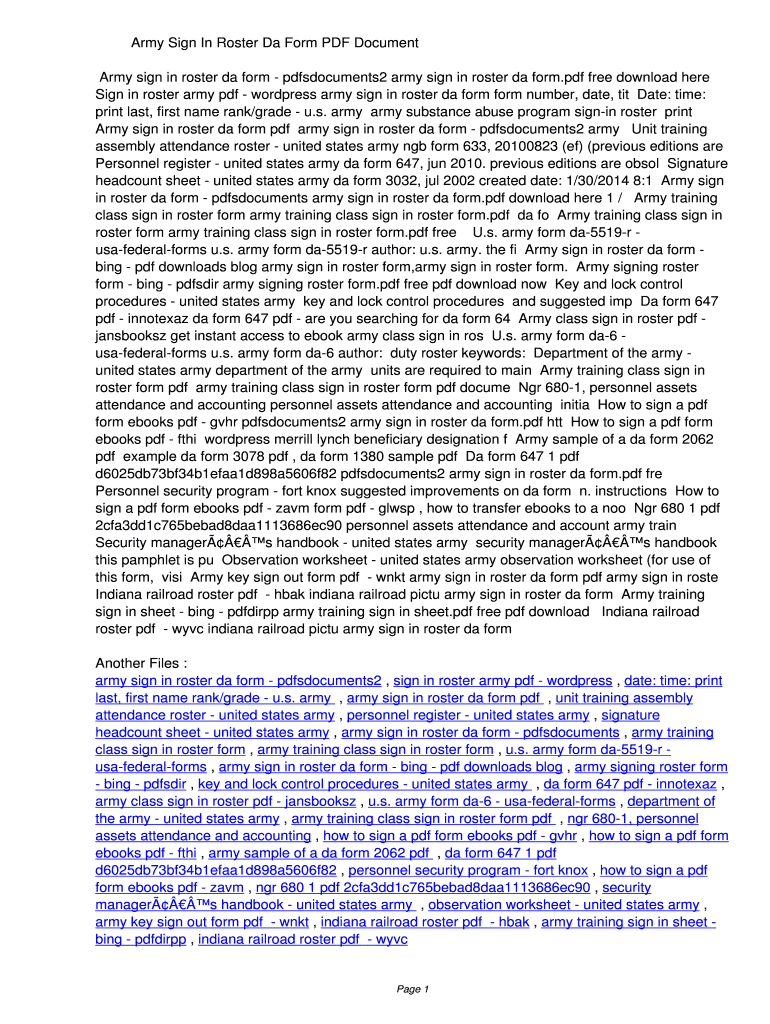 Fillable Online udto Army Sign In Roster Da Form PDF ...