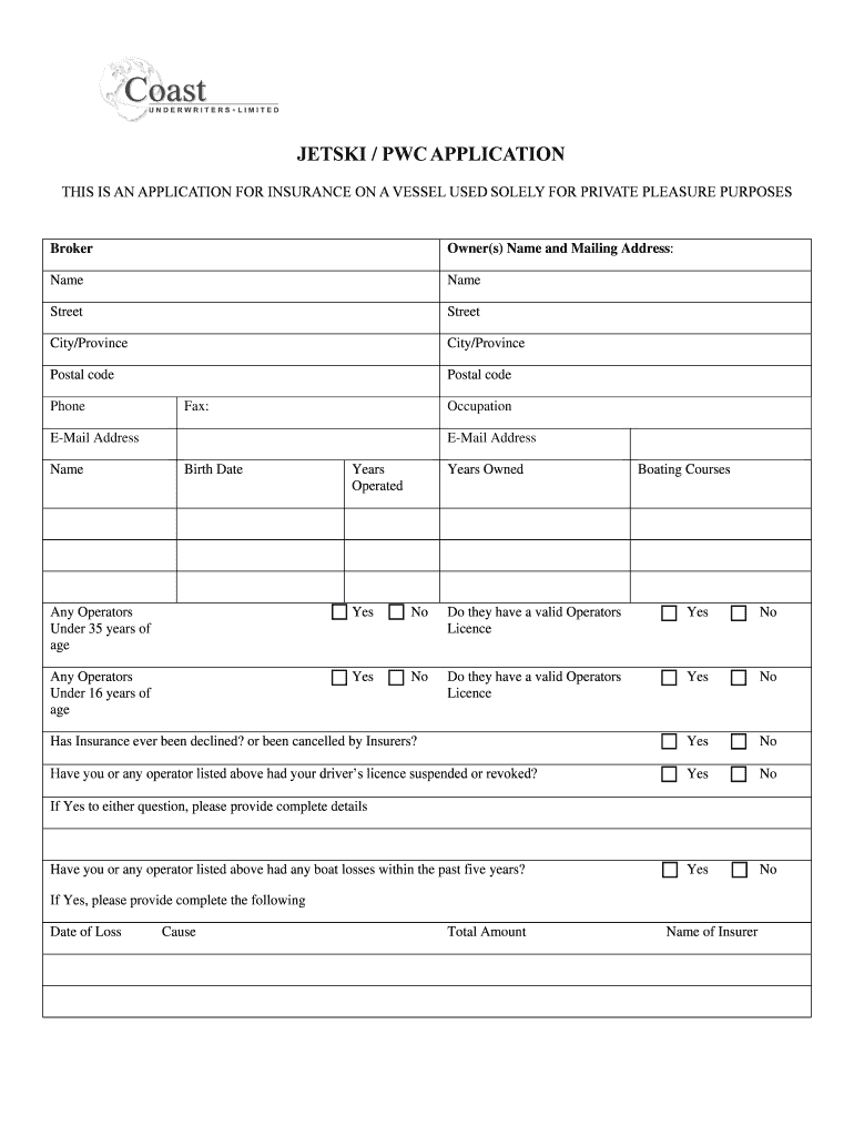 Fillable Online coastunderwriters JETSKI PWC APPLICATION ...