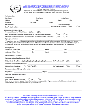 Fillable Online Employment Application - Anchor Manufacturing Group ...