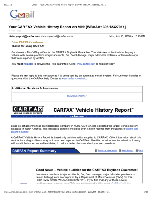 Fillable Online Gmail Your CARFAX Vehicle History Report on VIN ...