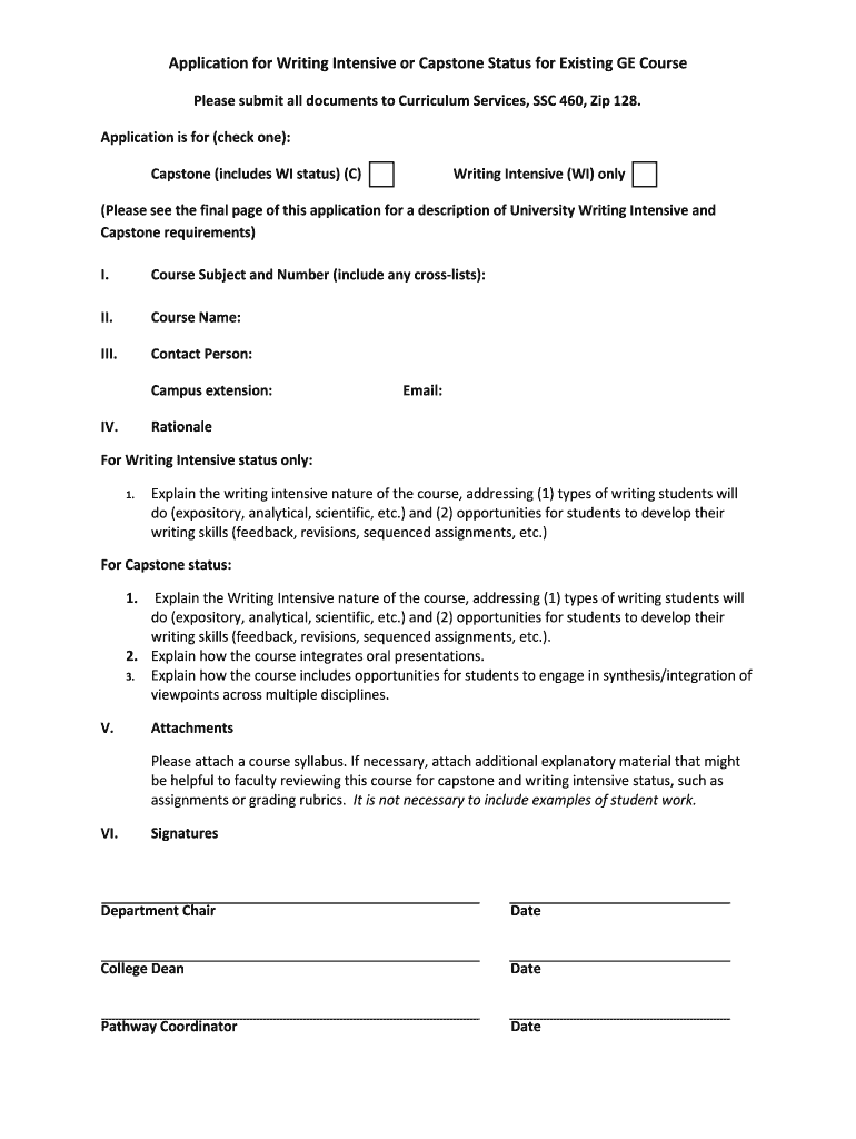 Fillable Online csuchico Application for Writing Intensive or Capstone ...