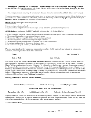 Fillable Online Whatcom Cremation & Funeral - Authorization For Cremation And Disposition Fax ...