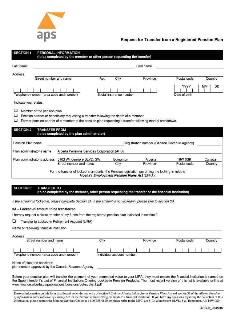 Fillable Online Request for Transfer from a Registered Pension Plan Fax ...