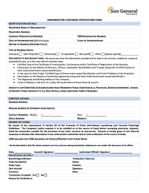 Fillable Online sungeneral ORGANISATION CUSTOMER VERIFICATION FORM ...