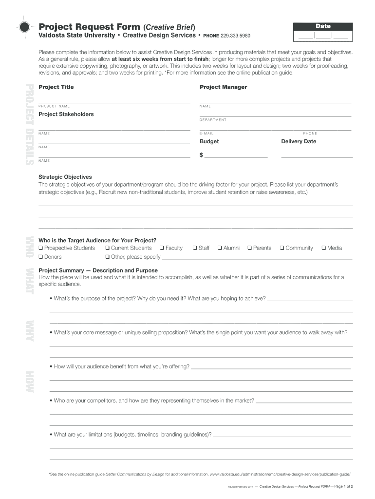 Fillable Online valdosta Design Project Request Form - Valdosta State ...