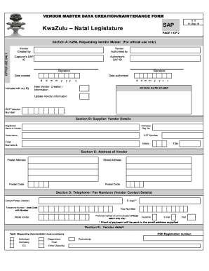 Fillable Online kznlegislature gov VENDOR MASTER DATA CREATION ...