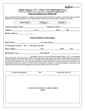 Fillable Online Digital Industry, LLC Client ACH Authorization Form Fax ...