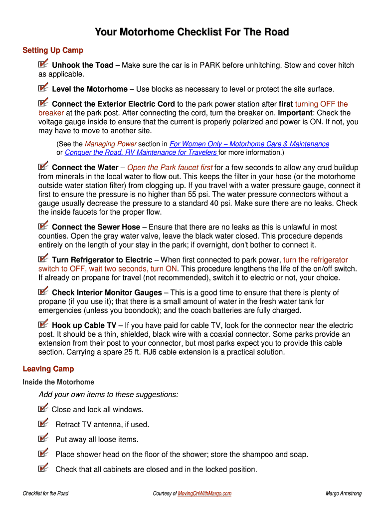 Fillable Online Your Motorhome Checklist For The Road Fax Email Print ...