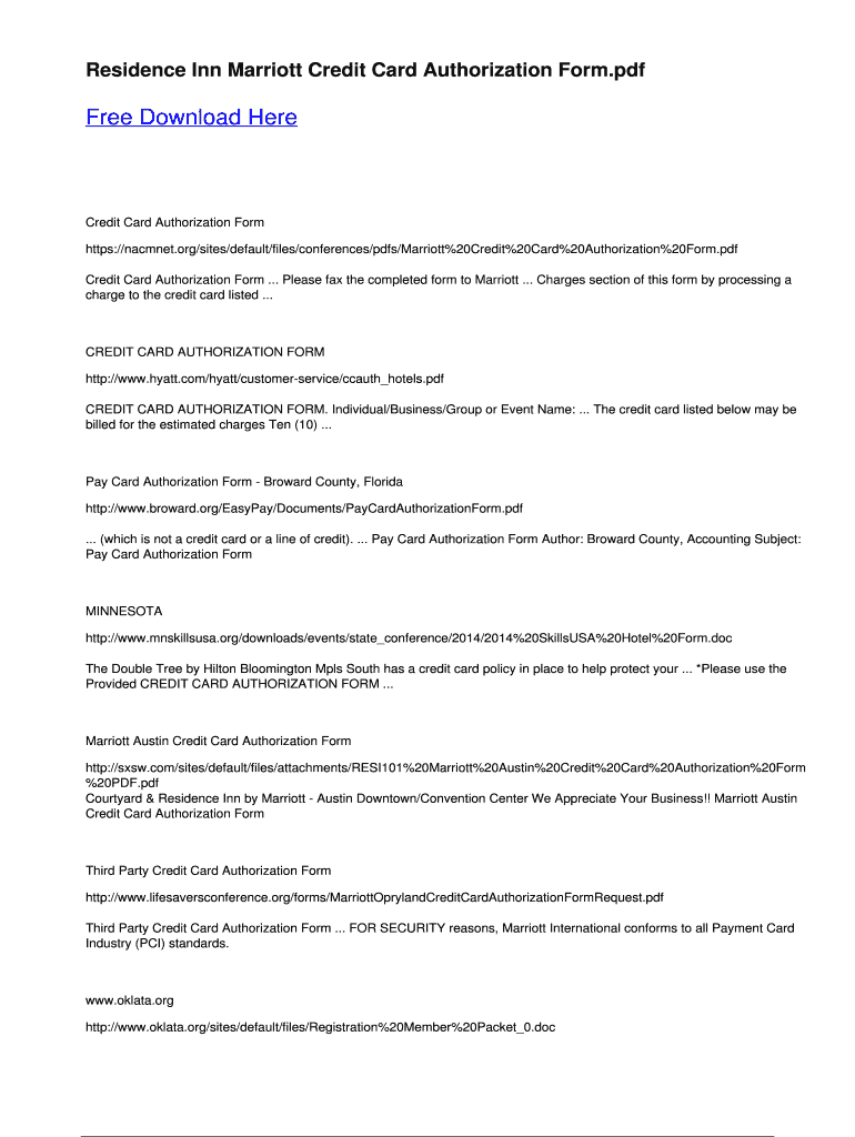 Fillable Online Residence Inn Marriott Credit Card Authorization Form ...