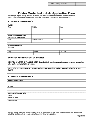 Fillable Online vmnfairfax FAIRFAX CHAPTER OF THE VIRGINIA MASTER NATURALIST PROGRAM APPLICATION ...