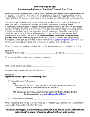 Fillable Online Batesville High School Pre-Arranged Absence: Vacation ...