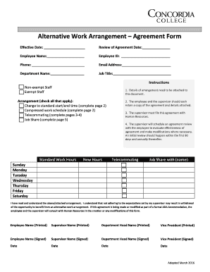 Fillable Online concordiacollege Alternative Work Arrangement Agreement ...