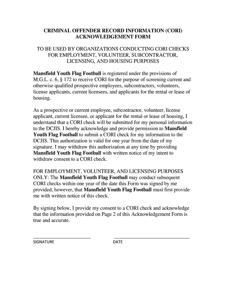 Fillable Online TO BE USED BY ORGANIZATIONS CONDUCTING CORI CHECKS Fax ...