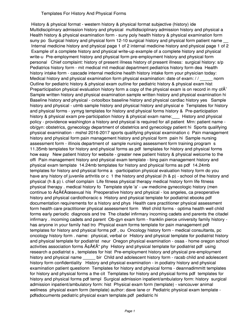 Fillable Online deannadimmitt Templates For History And Physical Forms ...