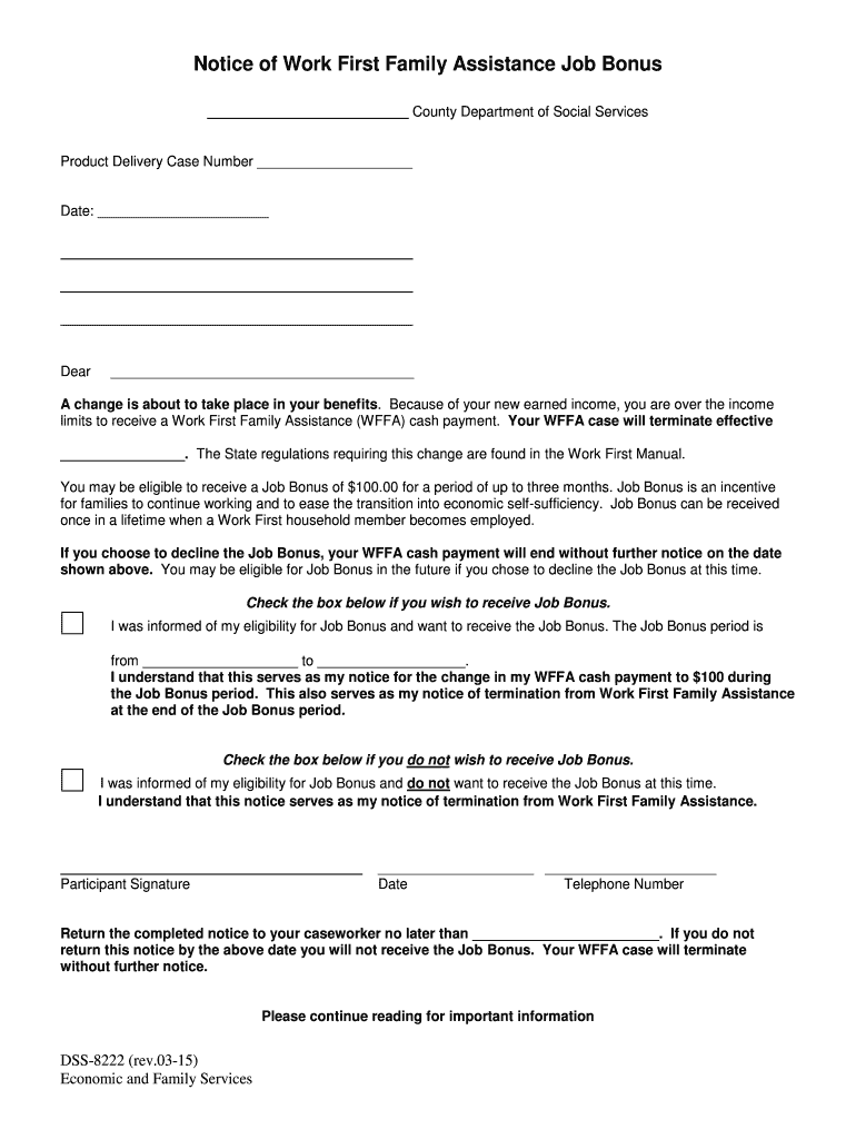 Fillable Online DSS-8222. Notice of Work First Family Assistance Job ...