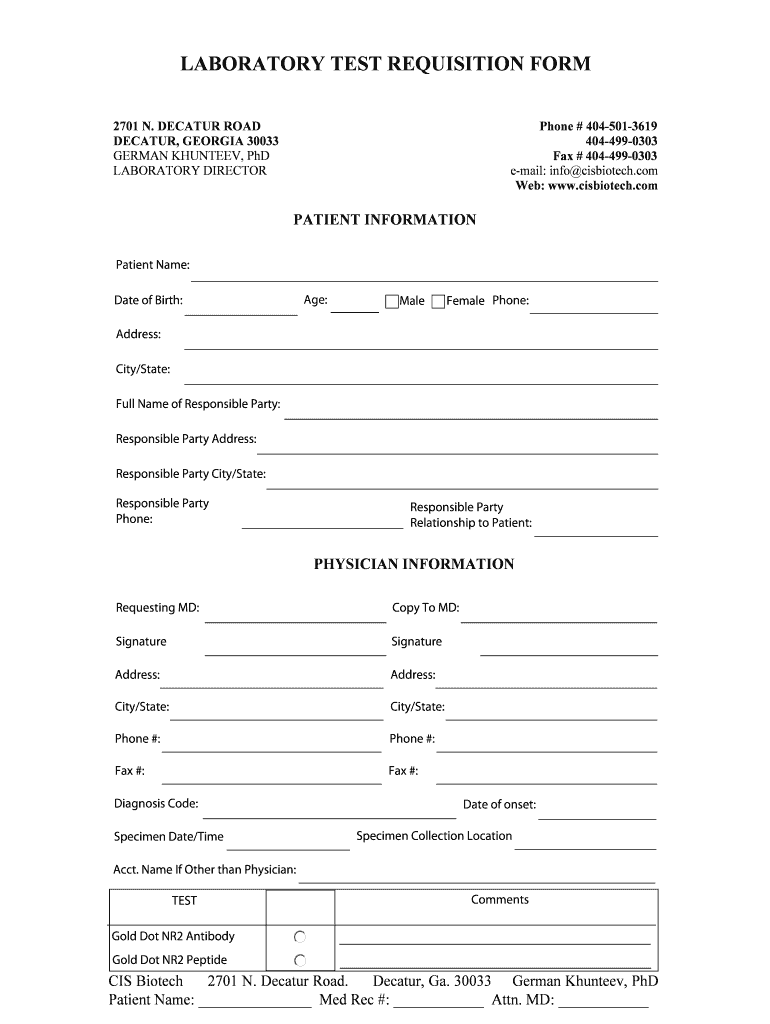 Fillable Online laboratory test requisition form - CIS Biotech, Inc ...