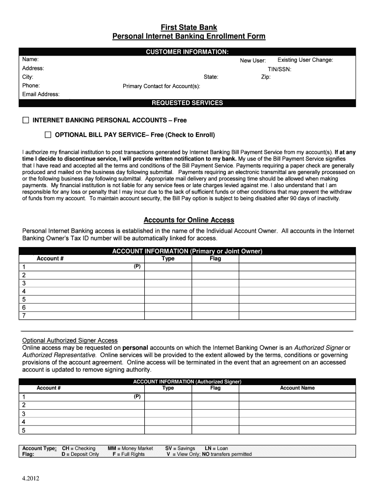 Fillable Online First State Bank Personal Internet Banking Enrollment ...
