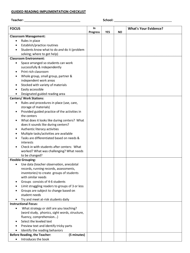 Fillable Online GUIDED READING IMPLEMENTATION CHECKLIST Fax Email Print ...