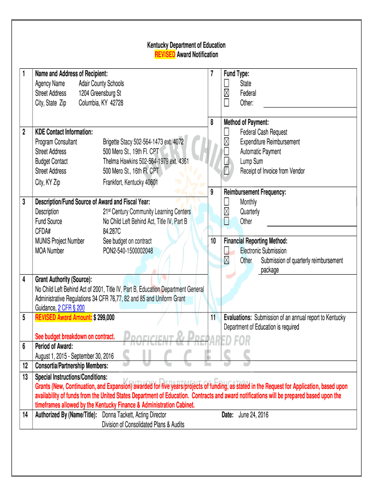Fillable Online education ky REVISED Award Notification - education ky Fax Email Print - pdfFiller