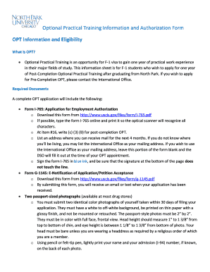 Fillable Online northpark Optional Practical Training Information and Authorization Form Fax ...