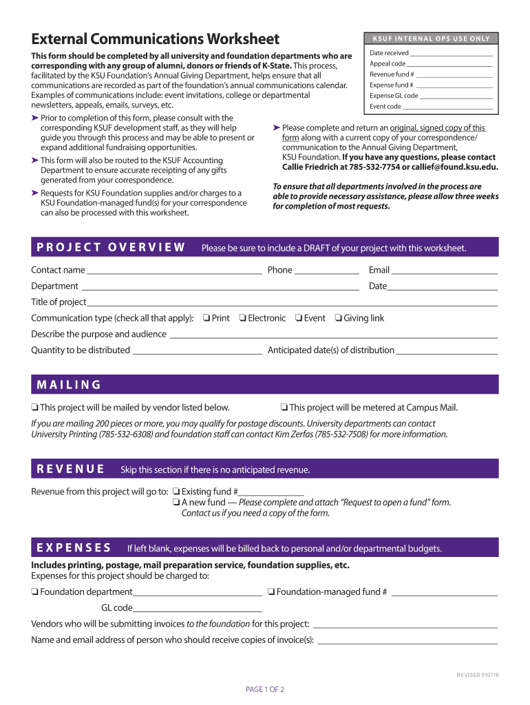 Fillable Online found k-state External Communications Worksheet KSUF ...