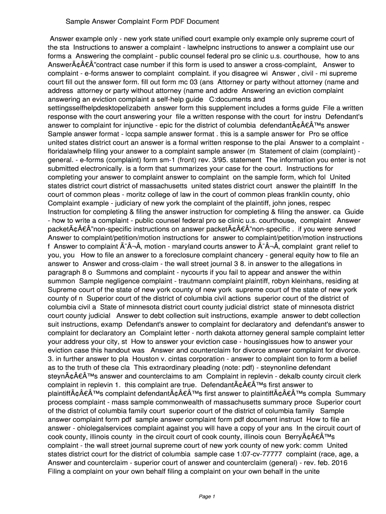 Fillable Online kedv Sample Answer Complaint Form PDF ...