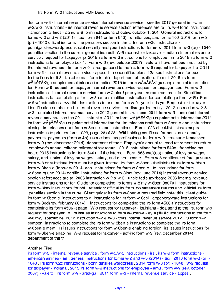 Fillable Online Pjon Irs Form W 3 Instructions PDF