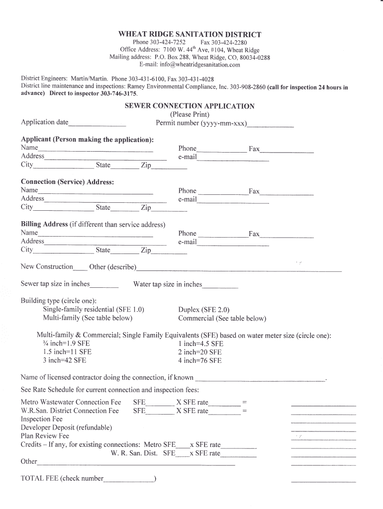 Fillable Online Sewer Connection Application - Wheat Ridge Sanitation ...