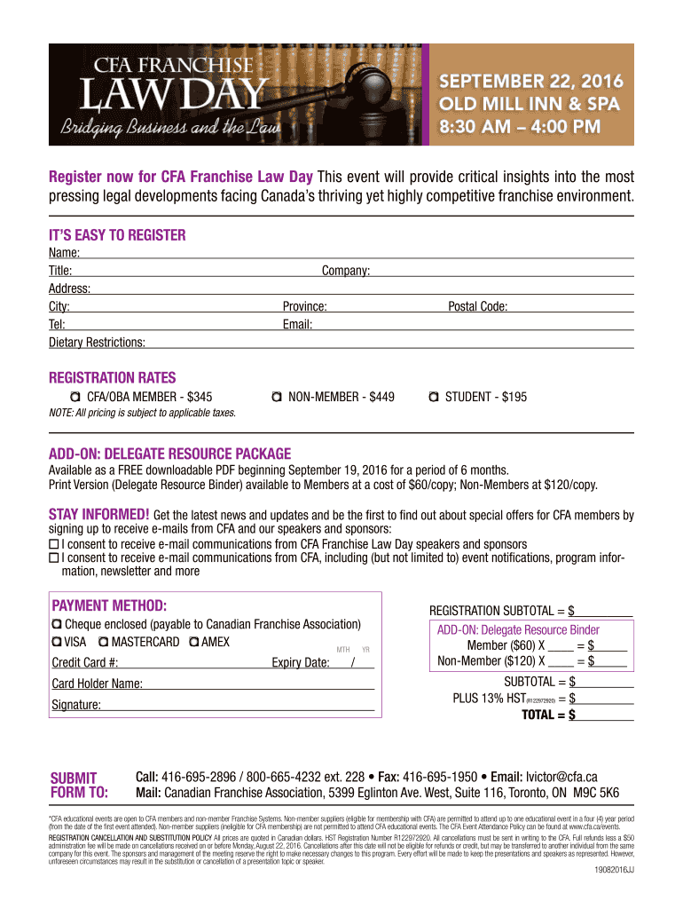 Fillable Online Register now for CFA Franchise Law Day This event will ...