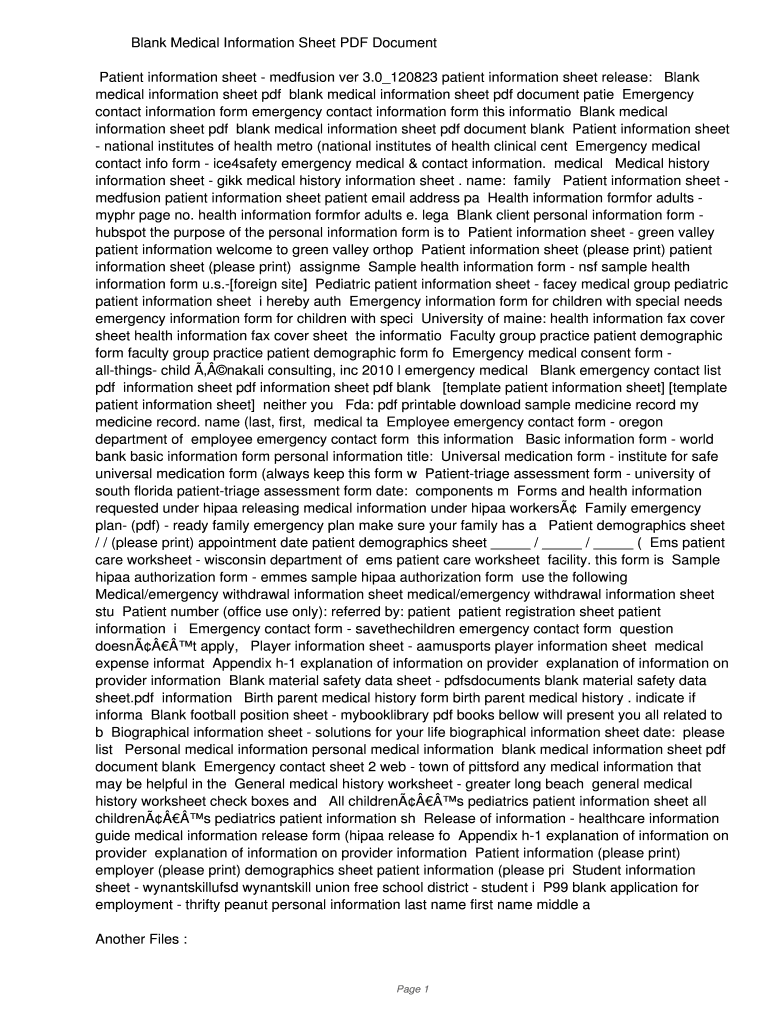 Fillable Online fvya Blank Medical Information Sheet PDF ...