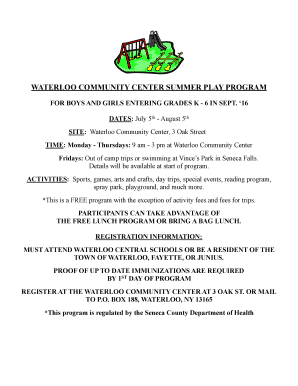 Fillable Online WATERLOO COMMUNITY CENTER SUMMER PLAY Fax Email Print ...
