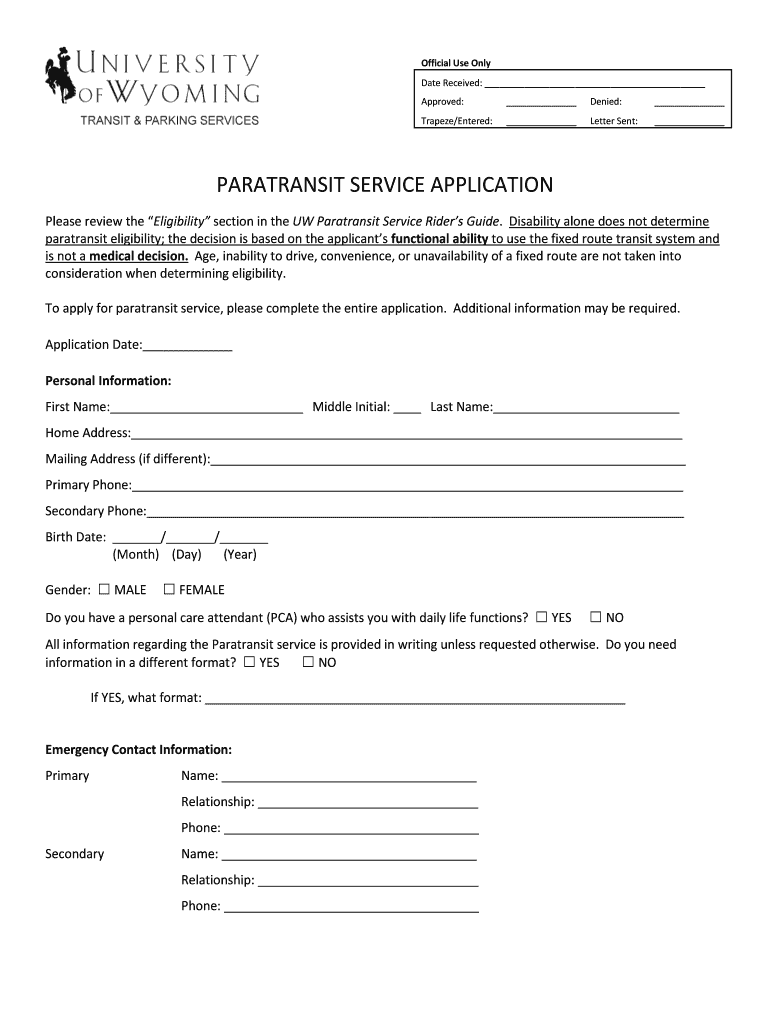 Fillable Online uwyo TransPark Paratransit Rider's Guide-Table of Contents - University of ...